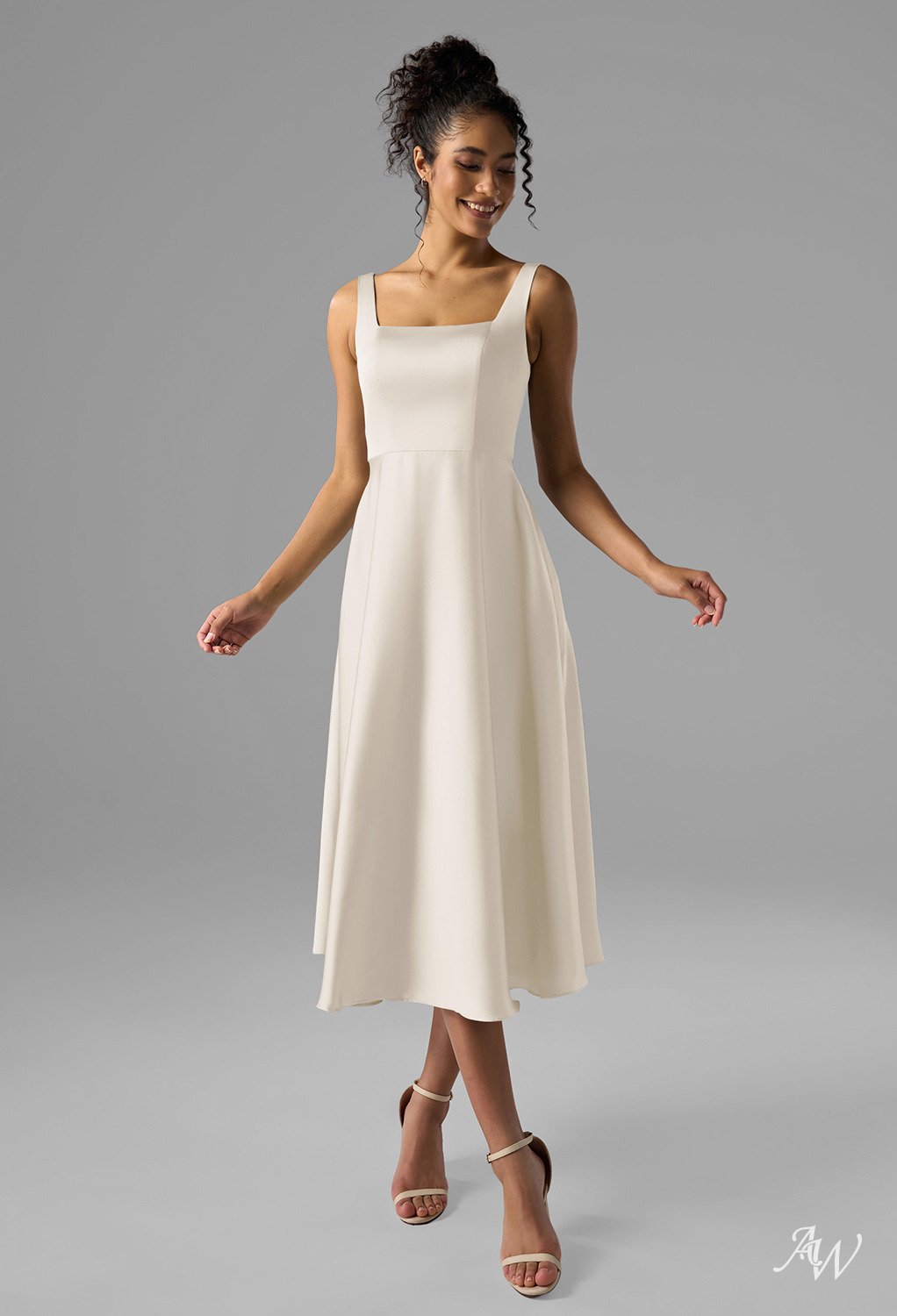 AW Asa Dress, Sage Green Crystal Satin Satin Charmeuse Tea Length Square Neckline Bridesmaid ...